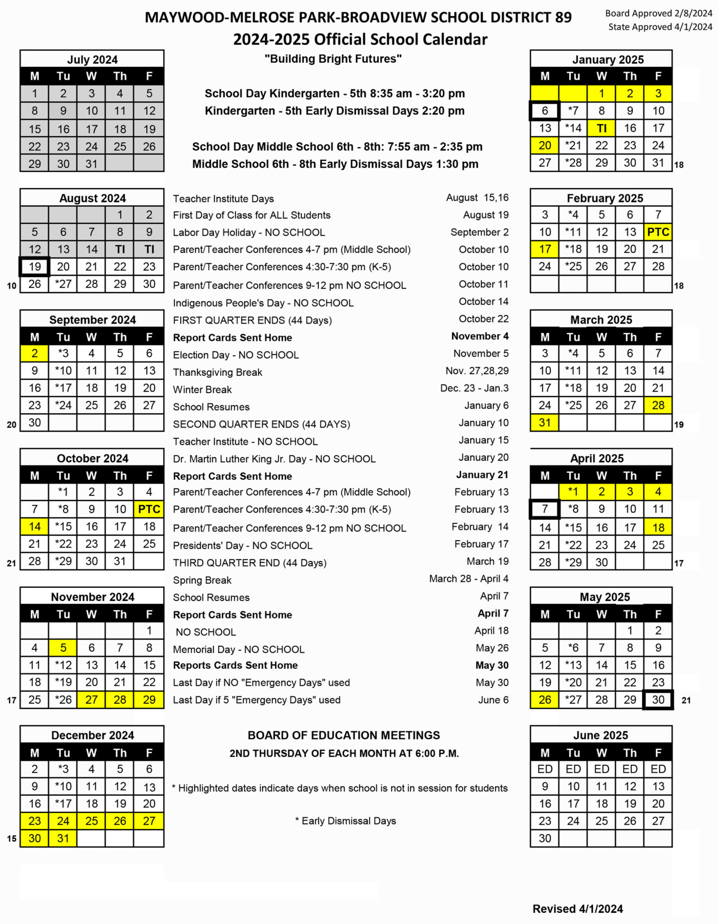 District 89 - 2024-2025 School Calendar